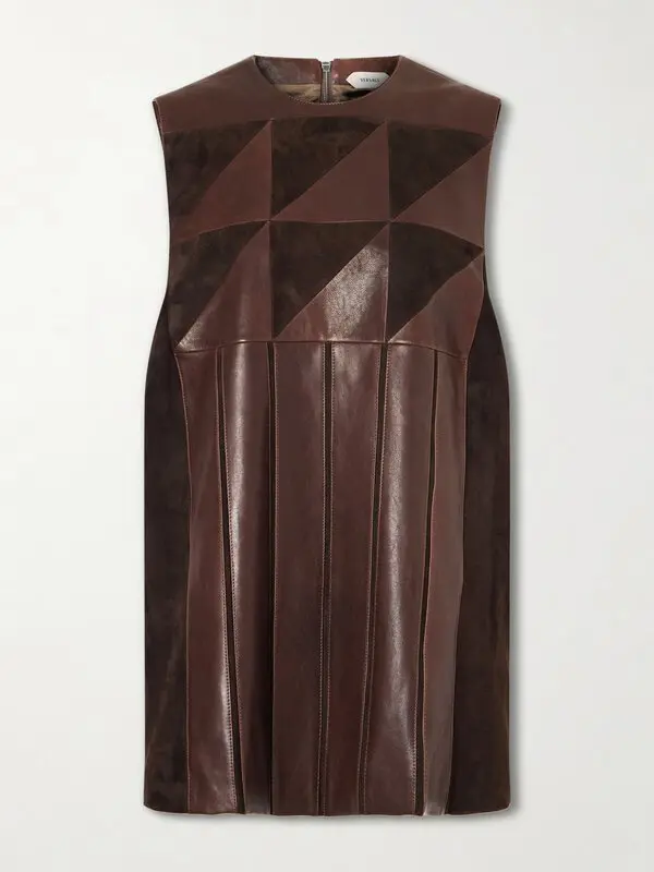 Versace Patchwork Suede-trimmed Leather Mini Dress - Brown