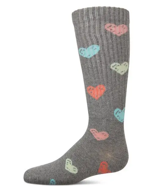 MEMOI Ribbed Multi Graffiti Hearts Knee Sock - Med Gray Heather