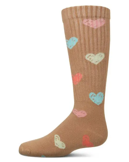 MEMOI Ribbed Multi Graffiti Hearts Knee Sock - Taupe