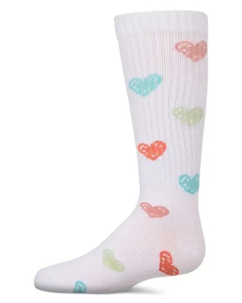 MEMOI Ribbed Multi Graffiti Hearts Knee Sock - White