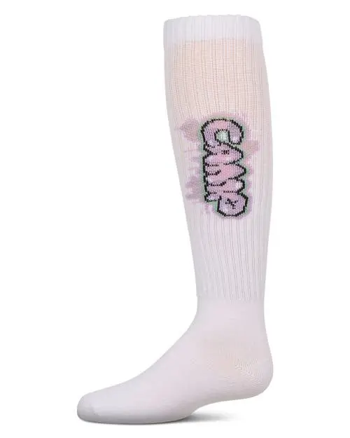 MEMOI Ribbed Graffiti Camp Knee Sock - White