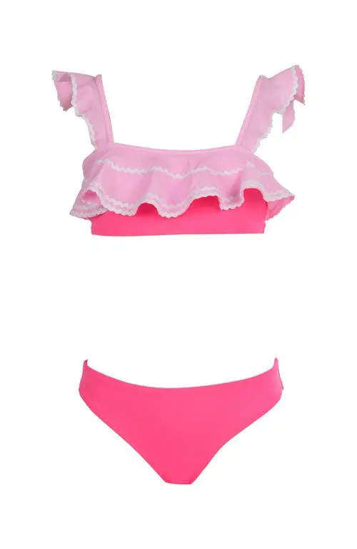 NESSI BYRD Bandeau Tiered Ruffle Color-blocked Two-piece Bikini - Pink
