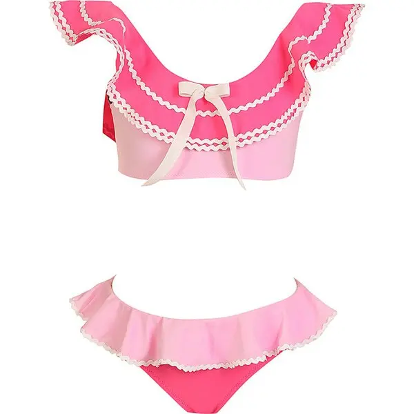 NESSI BYRD Tiered Ruffle Color-blocked Two-piece Bikini - Pink