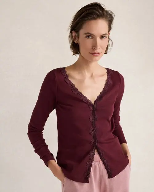HAVEN WELL WITHIN Organic Cotton Rib Knit Lace Cardigan - Deep Merlot