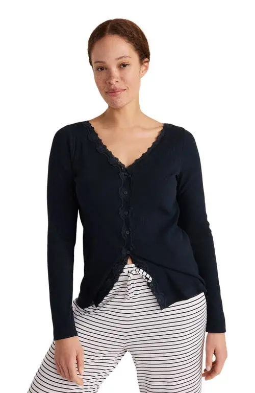 HAVEN WELL WITHIN Organic Cotton Rib Knit Lace Cardigan