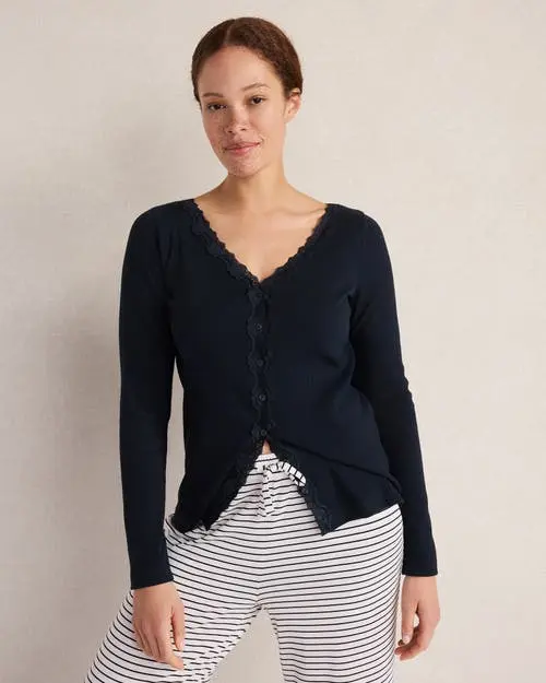 HAVEN WELL WITHIN Organic Cotton Rib Knit Lace Cardigan - Nightfall
