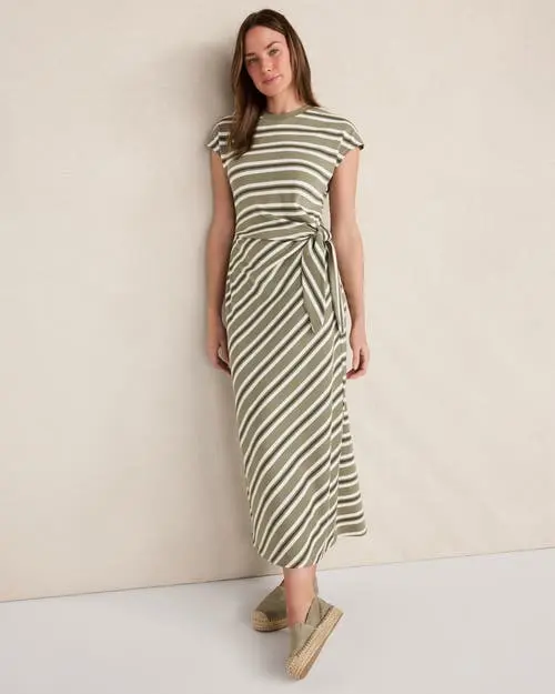 HAVEN WELL WITHIN Organic Cotton Interlock Stripe Midi Knot Dress - Vetiver Multi