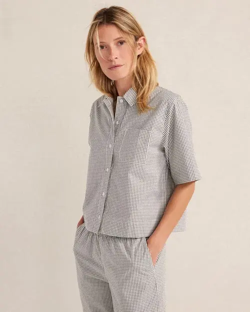 HAVEN WELL WITHIN Organic Cotton Poplin Gingham Pajama Top - Ivory/cypress Gingham