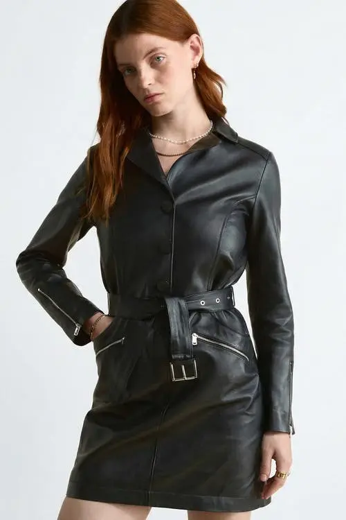 FURNIQ UK Daphne Leather Shirt Dress - Black