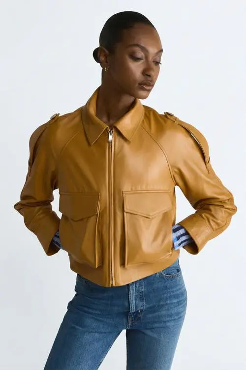 FURNIQ UK Cropped Leather Jacket - Caramel