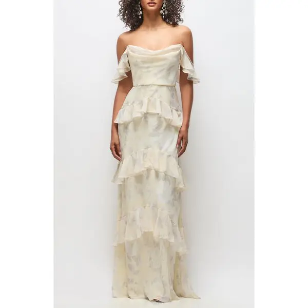 Dessy Collection Olivia Tiered Ruffle Chiffon Gown - Butter Yellow Floral