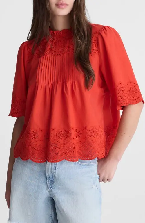 Madewell Embroidered Pintuck High Neck Cotton Voile Top - Wild Poppy