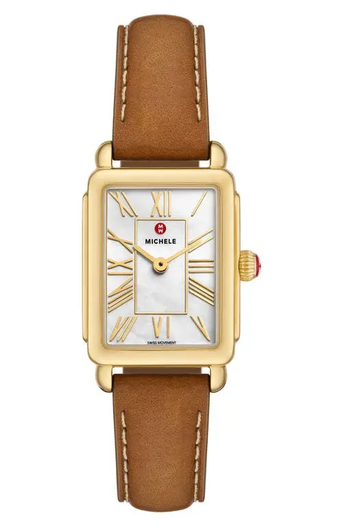 Michele Deco Park Mother-of-pearl Leather Strap Watch - Brown/gold