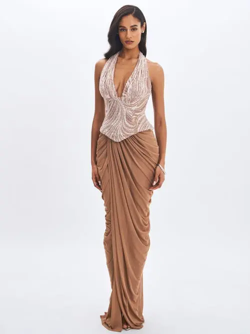 MISS CIRCLE NEW YORK Nancie Beaded Halter Peplum Ruched Maxi Dress