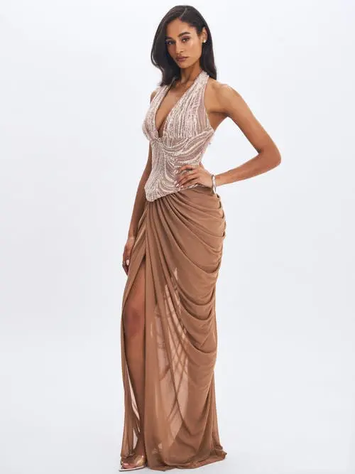MISS CIRCLE NEW YORK Nancie Beaded Halter Peplum Ruched Maxi Dress