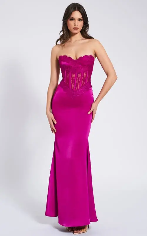 MISS CIRCLE NEW YORK Everleigh Lace Satin Corset Maxi Dress - Fuchsia