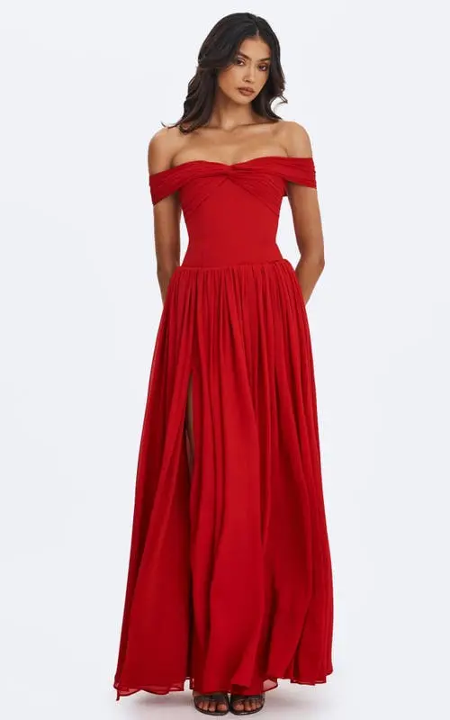 MISS CIRCLE NEW YORK Tereza Georgette Bardot High-slit Maxi Dress - Red
