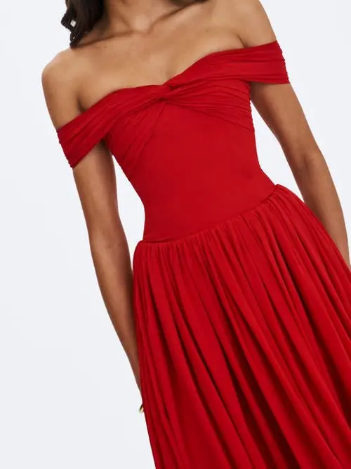 MISS CIRCLE NEW YORK Tereza Georgette Bardot High-slit Maxi Dress - Red