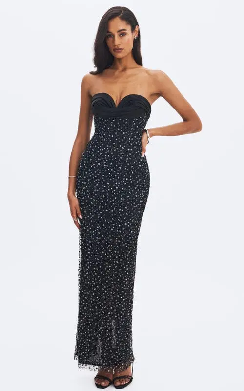 MISS CIRCLE Preslie Satin & Crystal Mesh Sheath Maxi Dress - Black