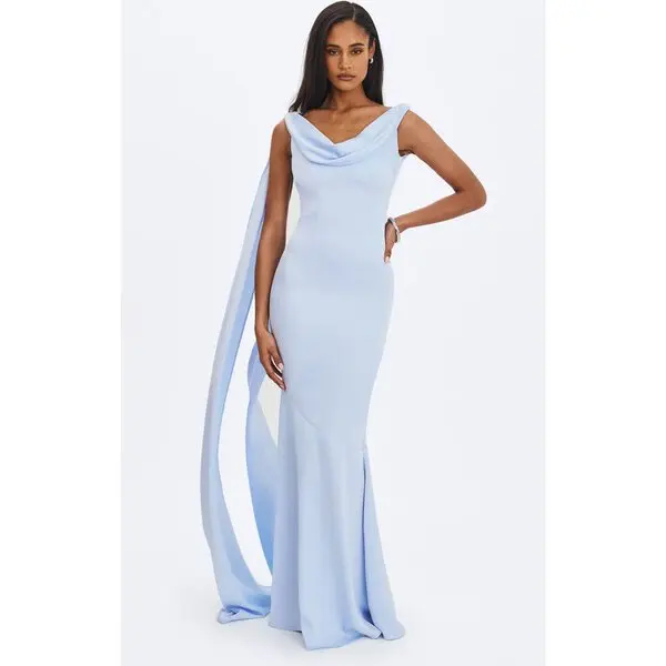 MISS CIRCLE Eira Cowl Scarf-detail Mermaid Maxi Dress - Mist Blue