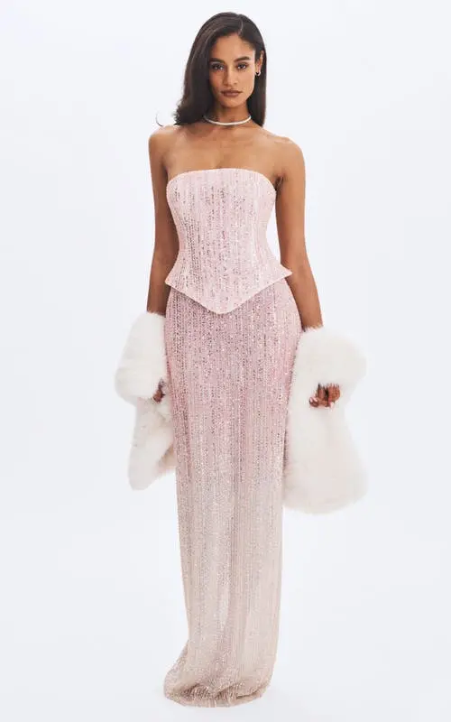 MISS CIRCLE NEW YORK Beaded Gradient Strapless Peplum Maxi Dress