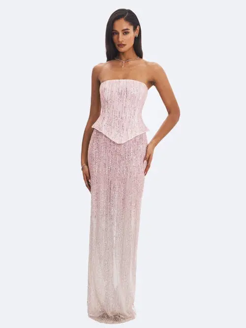 MISS CIRCLE NEW YORK Beaded Gradient Strapless Peplum Maxi Dress