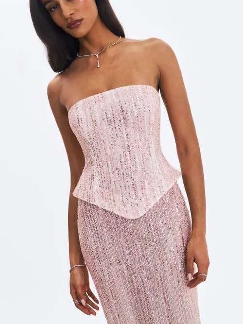 MISS CIRCLE NEW YORK Beaded Gradient Strapless Peplum Maxi Dress