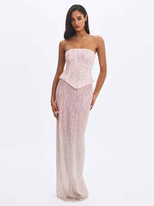 MISS CIRCLE NEW YORK Beaded Gradient Strapless Peplum Maxi Dress