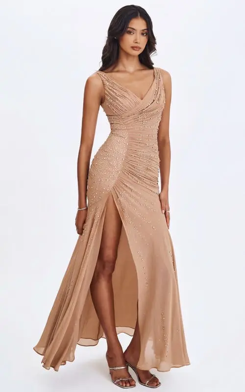 MISS CIRCLE Viveca Crystal-embellished Asymmetrical Ruched Maxi Dress - Apricot