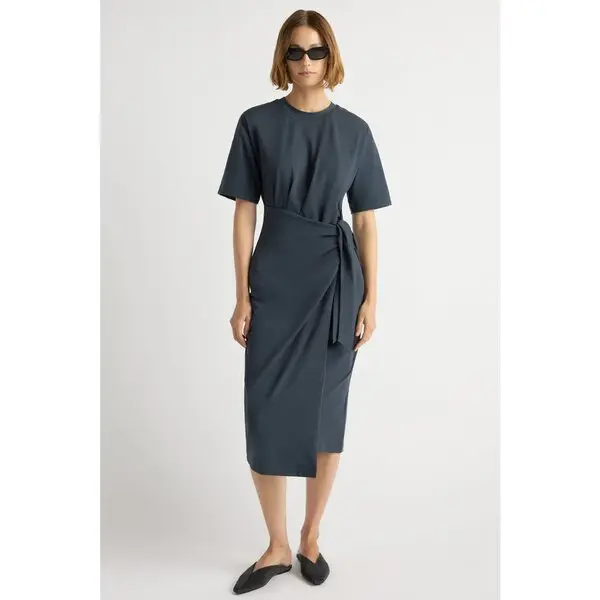 Modern Citizen Organic Cotton Wrap-waist Midi T-shirt Dress - Dark Maritime Blue