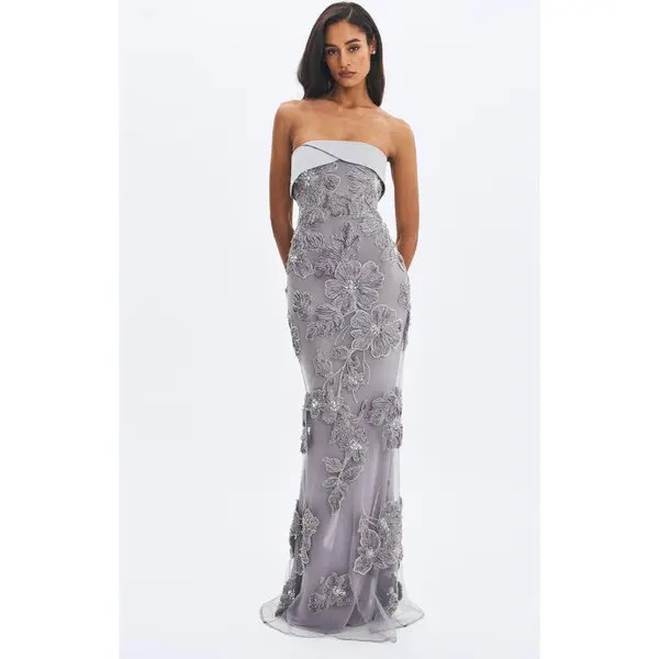 MISS CIRCLE NEW YORK Raphaela Beaded Floral Strapless Mermaid Maxi Dress - Silver