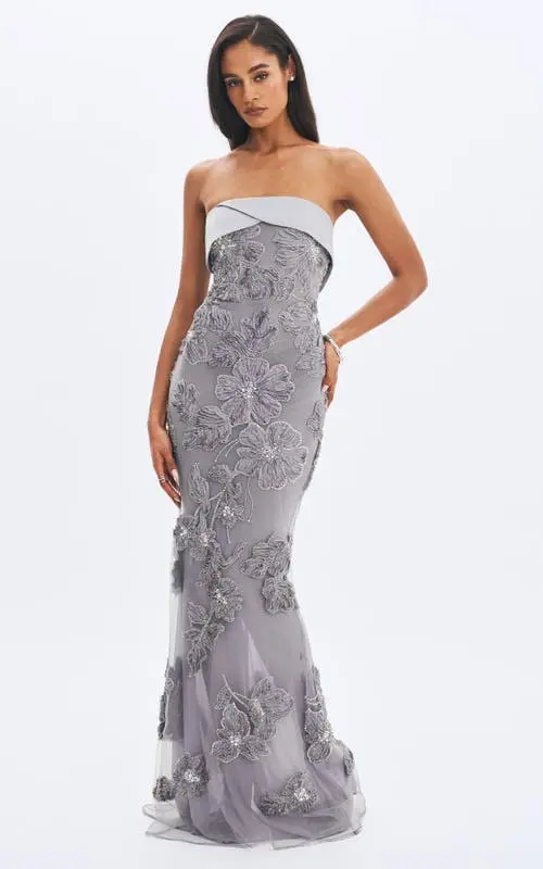 MISS CIRCLE NEW YORK Raphaela Beaded Floral Strapless Mermaid Maxi Dress - Silver