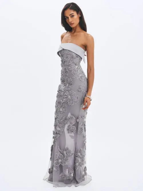 MISS CIRCLE NEW YORK Raphaela Beaded Floral Strapless Mermaid Maxi Dress - Silver