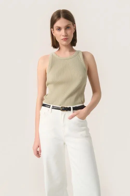 SOAKED IN LUXURY Simone Ribbed Slim Fit Tank Top - Spray Green