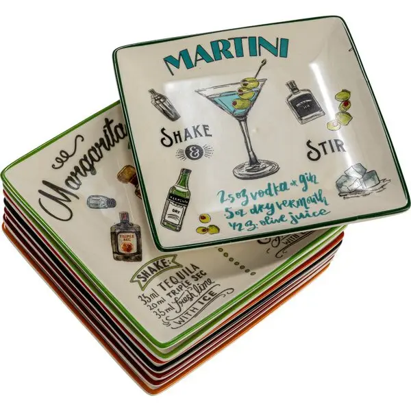STORIED HOME Plate Set With Cocktail Recipes - White