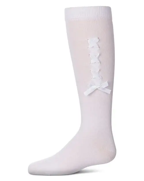 MEMOI Weaved Velvet Bow Knee High Socks - White