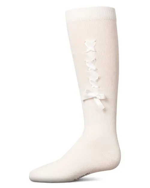 MEMOI Weaved Velvet Bow Knee High Socks - Winter White