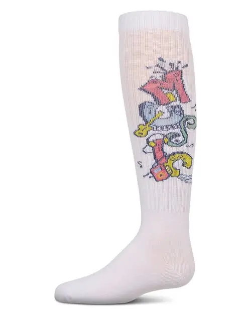 MEMOI Ribbed Graffiti Knee Socks - White