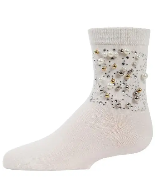 MEMOI Starry Night Bejeweled Combed Crew Socks - Winter White