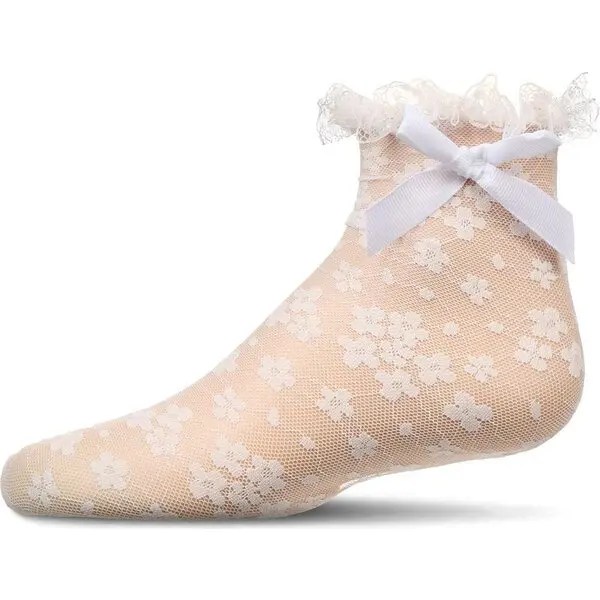 MEMOI Floral Lace Bow Trim Ankle Sock - White