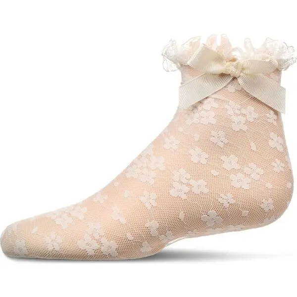 MEMOI Floral Lace Bow Trim Ankle Sock - Winter White