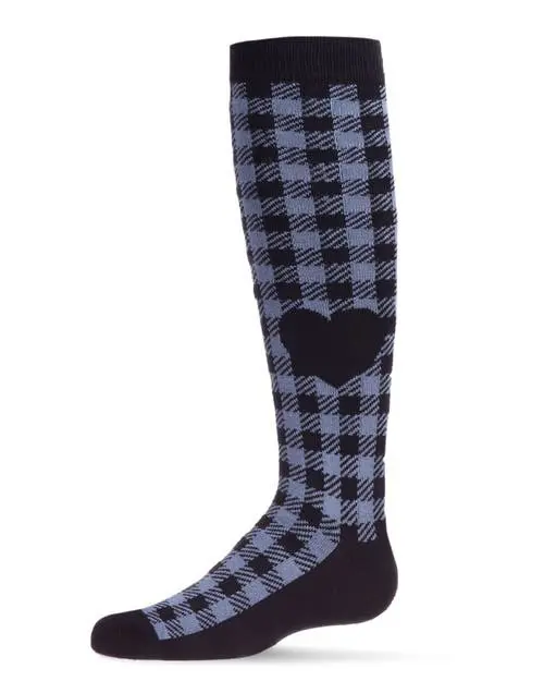 MEMOI Gingham Heart Knee High Sock - Navy