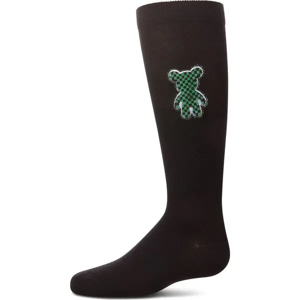 MEMOI Boxed Bear Patch Knee High Socks - Black