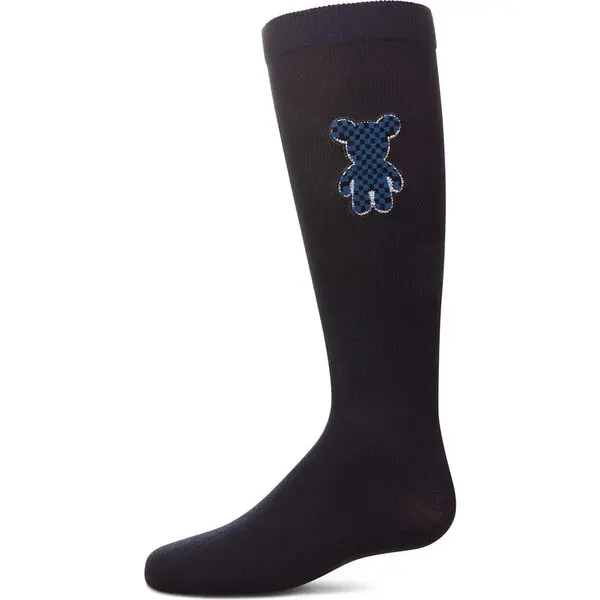 MEMOI Boxed Bear Patch Knee High Socks - Navy
