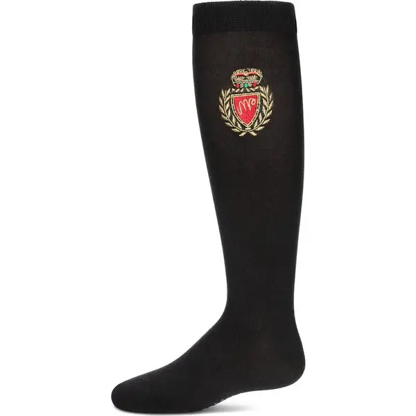MEMOI Embroidered Crest Knee High Socks - Black