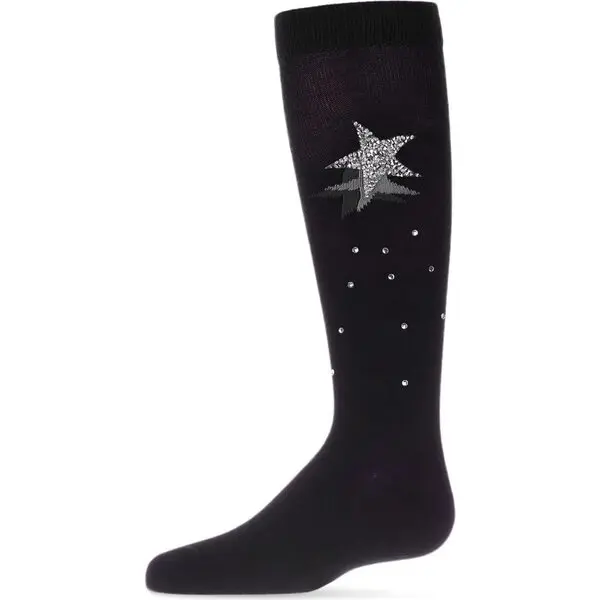 MEMOI Shooting Star Sparkle Knee High Socks - Black