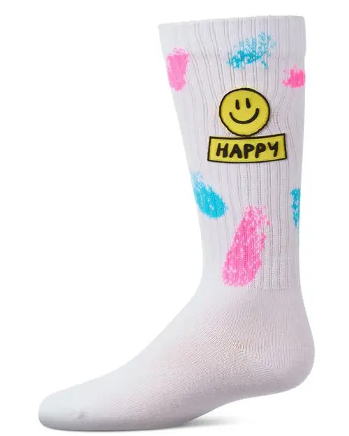 MEMOI Happy Face High Sock With Splatter Graphics - Neon Blue