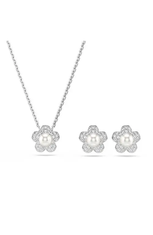 SWAROVSKI Crystal Faux Pearl Necklace And Earrings Set - Silver/white