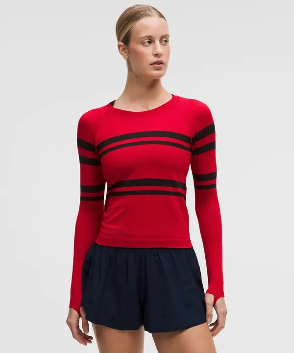 Lululemon Swiftly Tech Long-sleeve Shirt 2.0 Waist Length - League Stripe Oxford Red/black