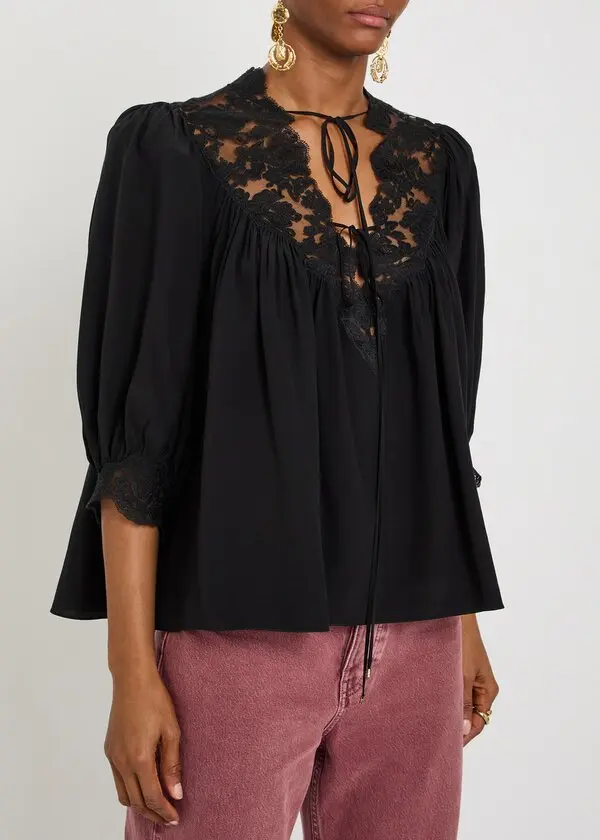 Chloé Lace-trimmed Silk Blouse - Black